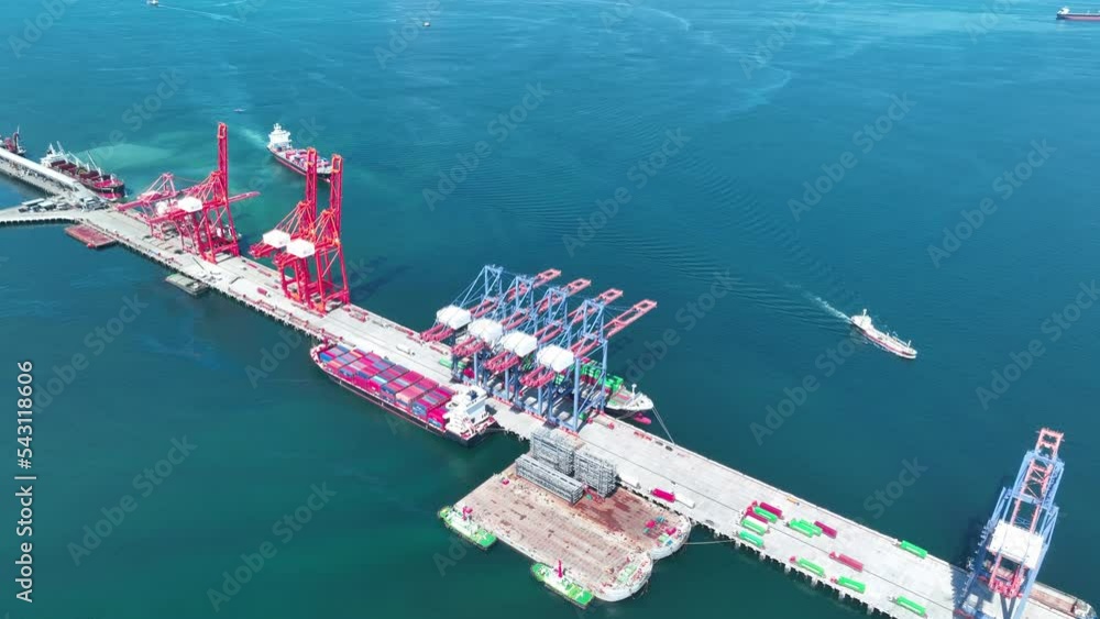 Tug boat drag pull Cargo Container Ship to international Bridge cargo ...