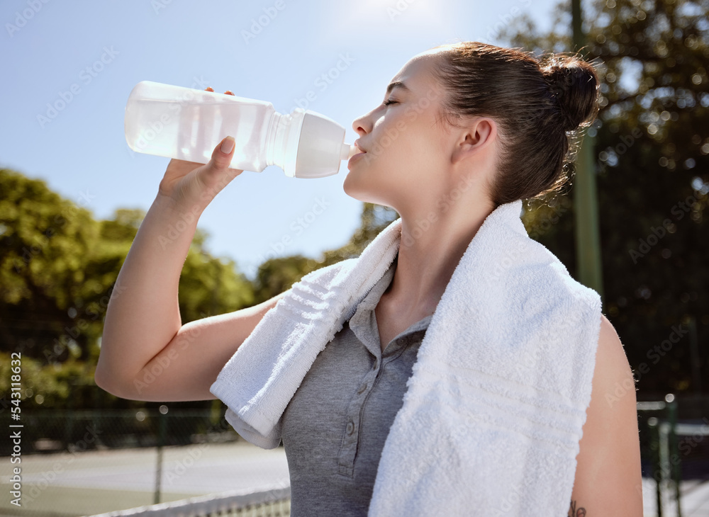 Fitness, woman with water bottle and hydrate after exercise workout ...