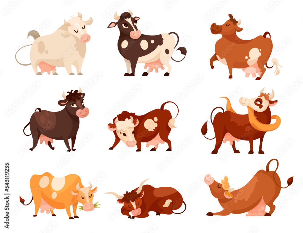 Comic cows of different breeds vector illustrations set. Jersey ...
