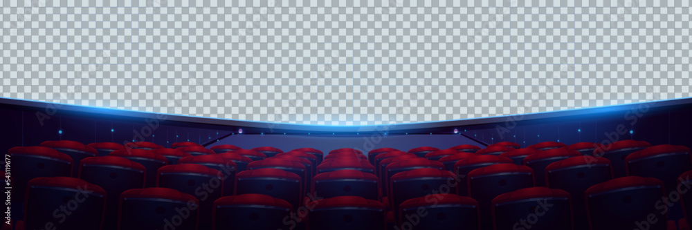Cinema hall with audience seats and blank panoramic screen with ...