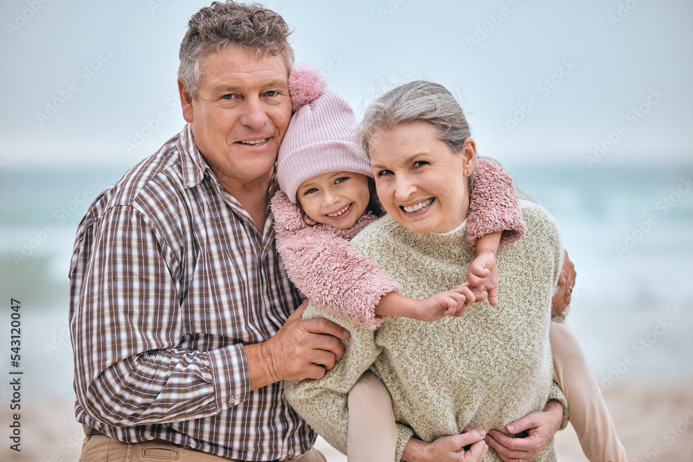 Grandparents, child and happy family on vacation beach with smile ...