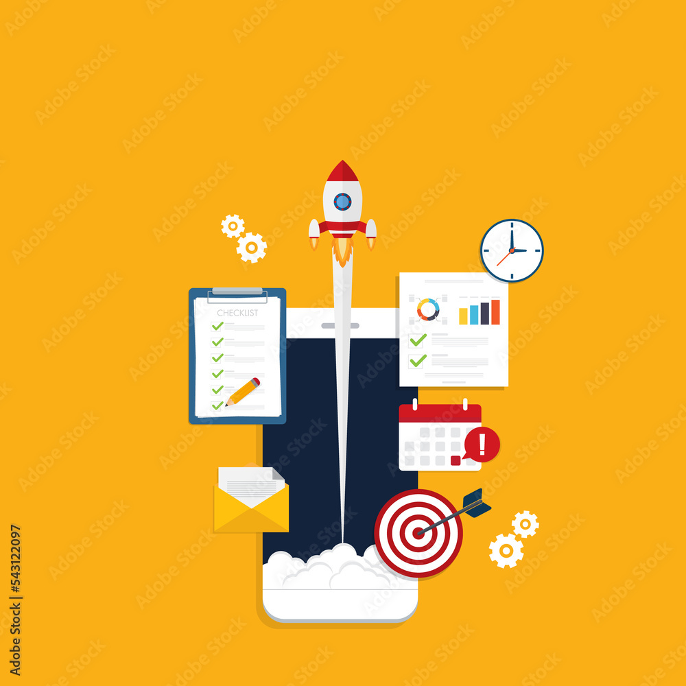 App launch. Startup vector concept, flat cartoon rocket or rocketship ...