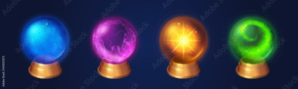 Crystal globes, witch or sorcerer magic spheres. Transparent glass ...