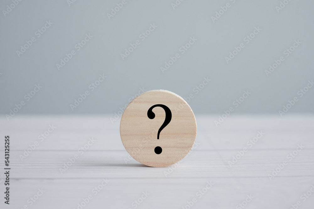 Question mark symbol on wooden circle. Ask, FAQ, Advice, Support ...