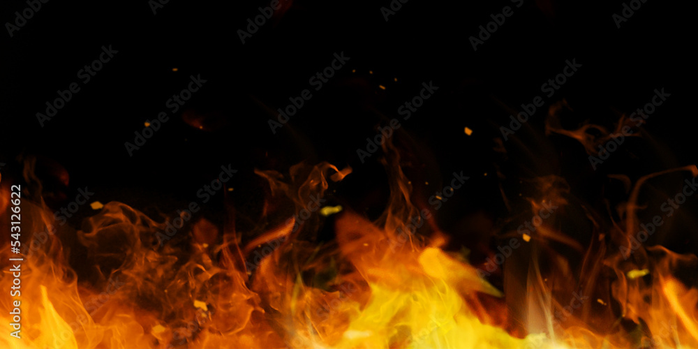 Fire and fire particles over black background Stock Illustration ...