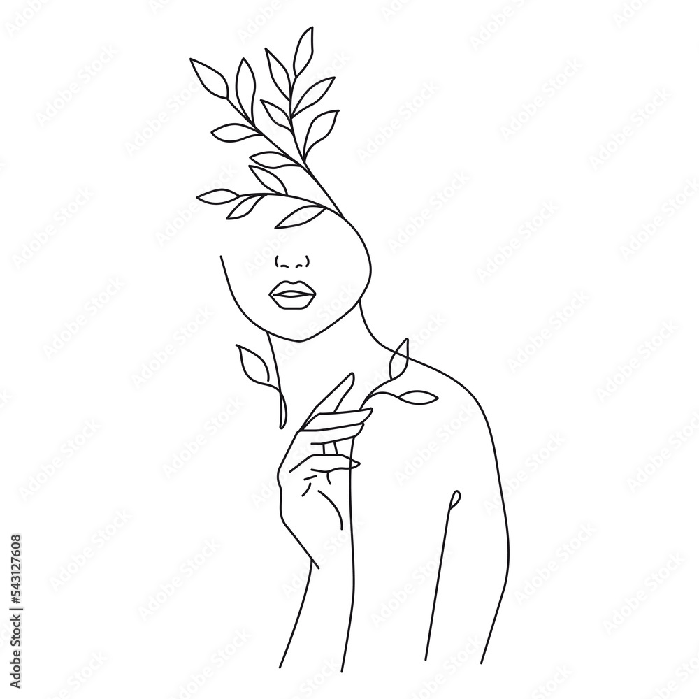 Woman Body With Leaves Line Art Drawing Abstract Minimal Female Figure