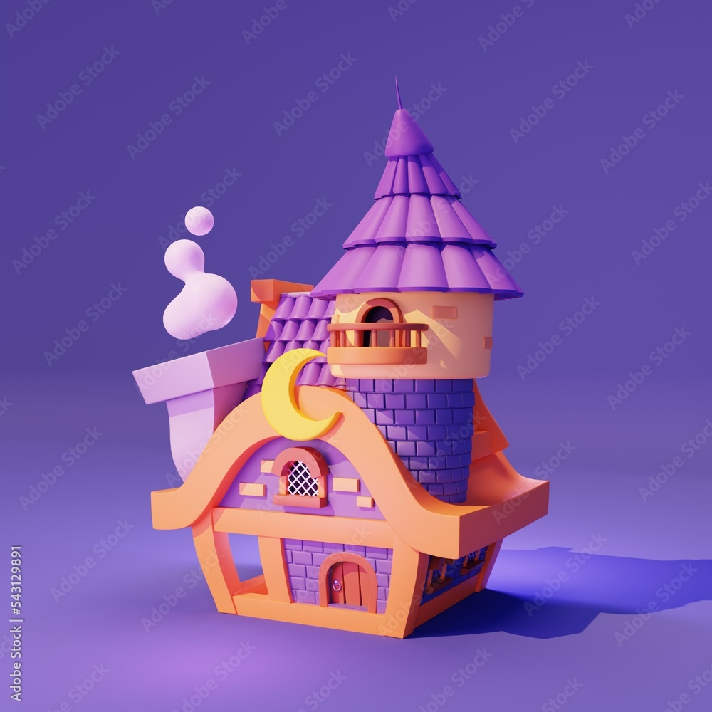 Cute cartoon village house on a violet or purple background. 3d Render ...