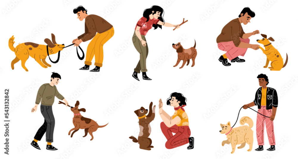 Happy people playing with dogs and smiling, flat vector illustration ...