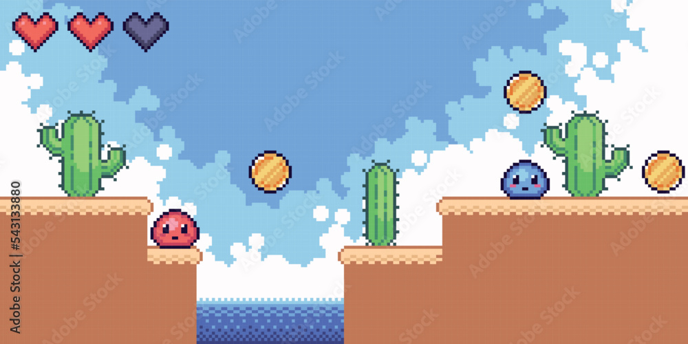 Scene with coins, slime monsters on pixel platform. Retro interface and ...