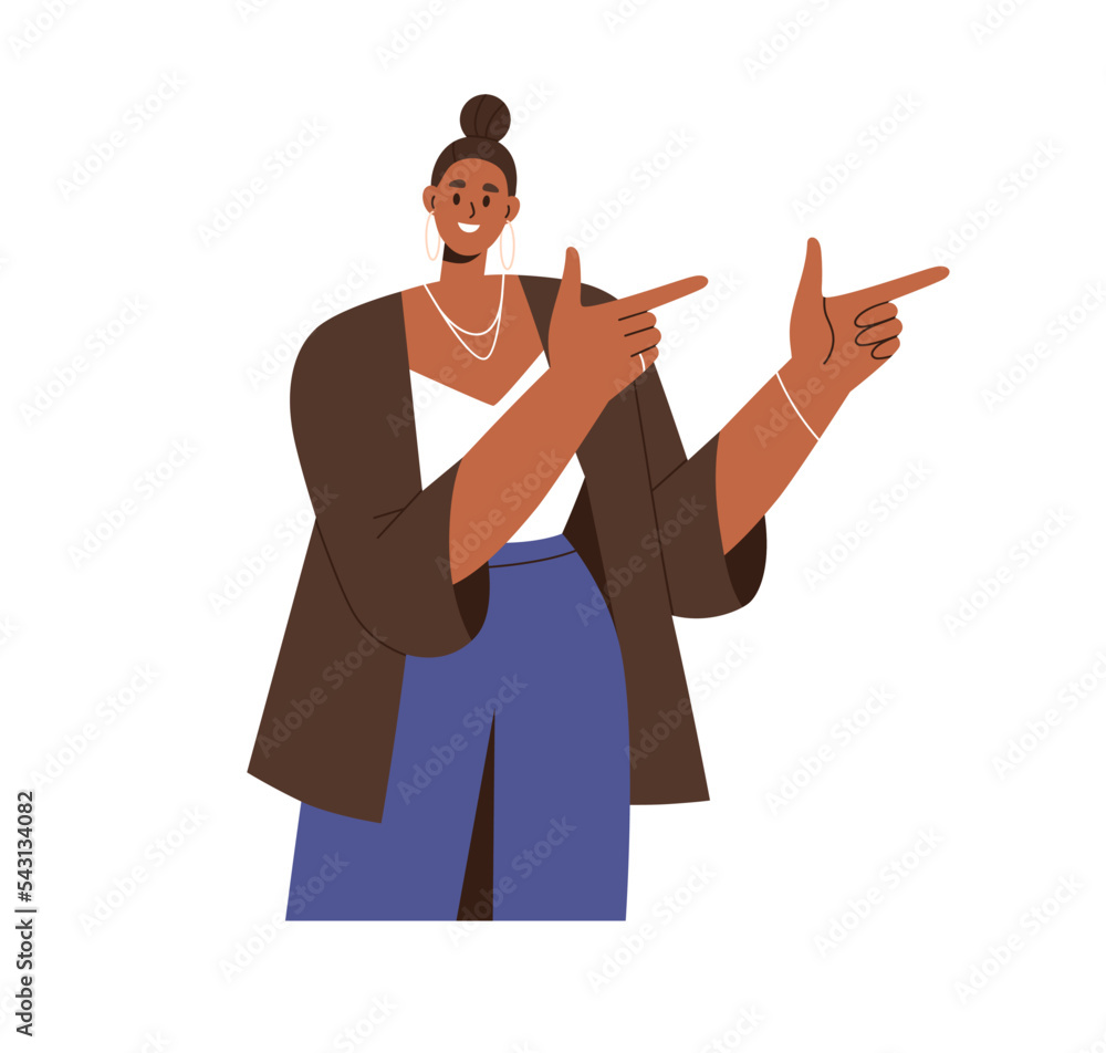 Happy business woman presenting, showing, pointing at smth with fingers. Excited businesswoman ...