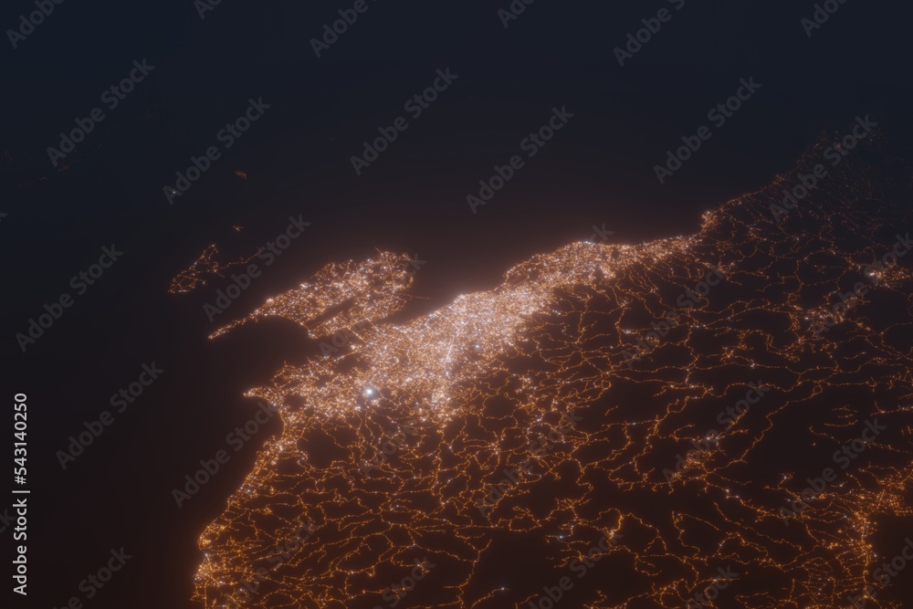 Aerial shot of Cebu (Philippines) at night, view from north. Imitation ...