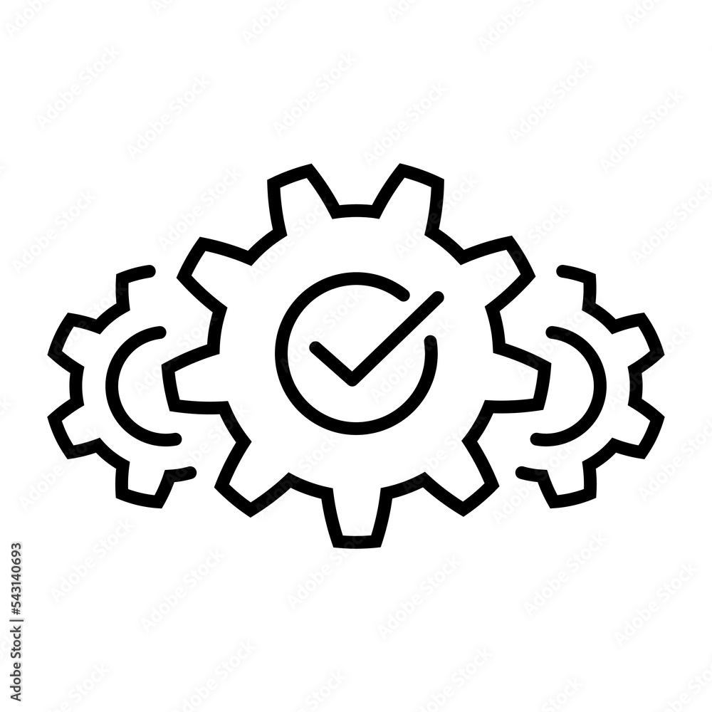 Cogwheel with check line icon in flat. Gear with tick sign. Successful ...