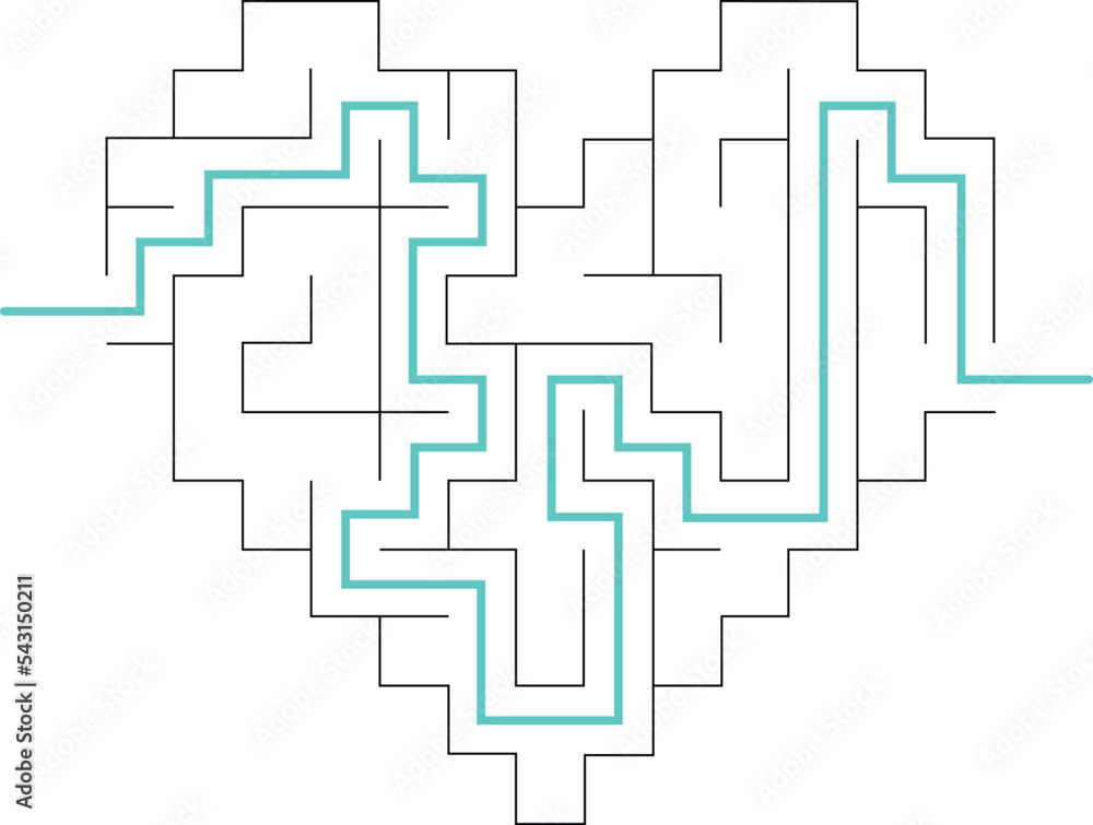 Vector heart shaped maze on transparent background with green line of ...
