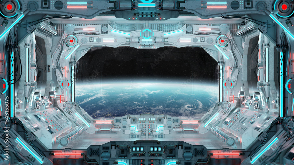 White spaceship interior with glowing blue and red lights. Futuristic ...