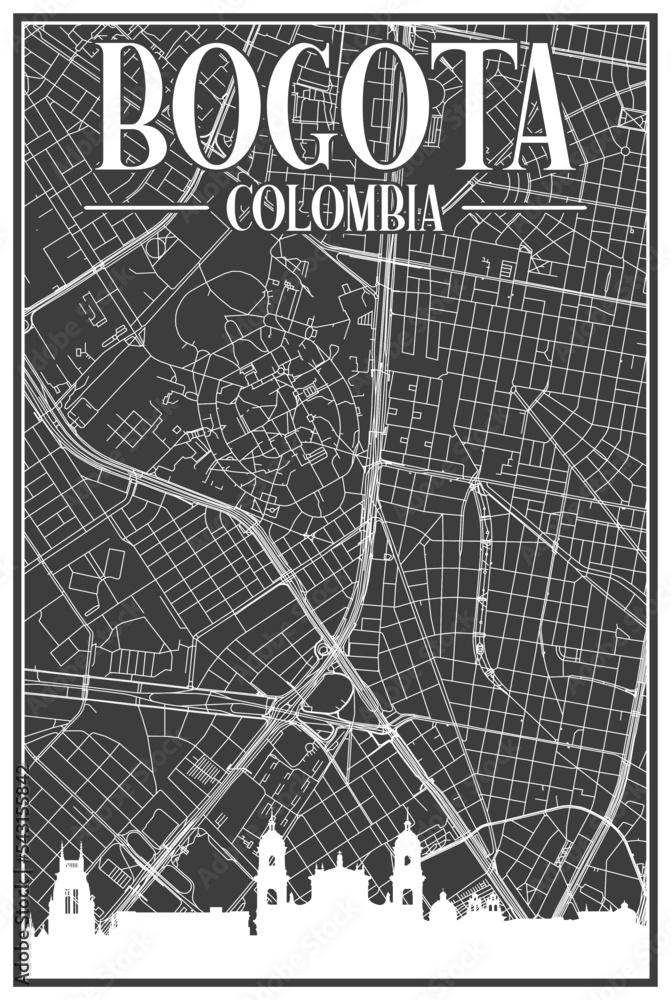 Black vintage hand-drawn printout streets network map of the downtown ...