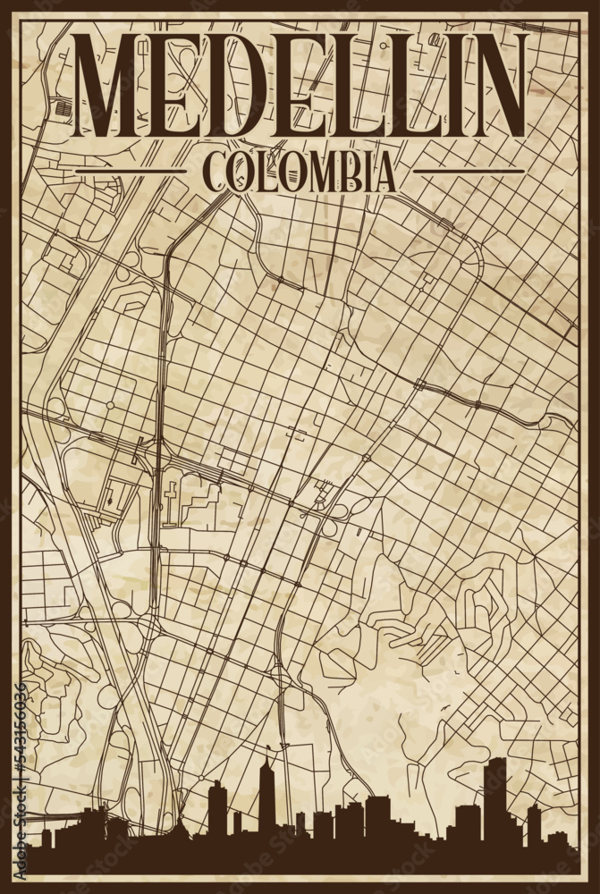 Brown vintage hand-drawn printout streets network map of the downtown ...