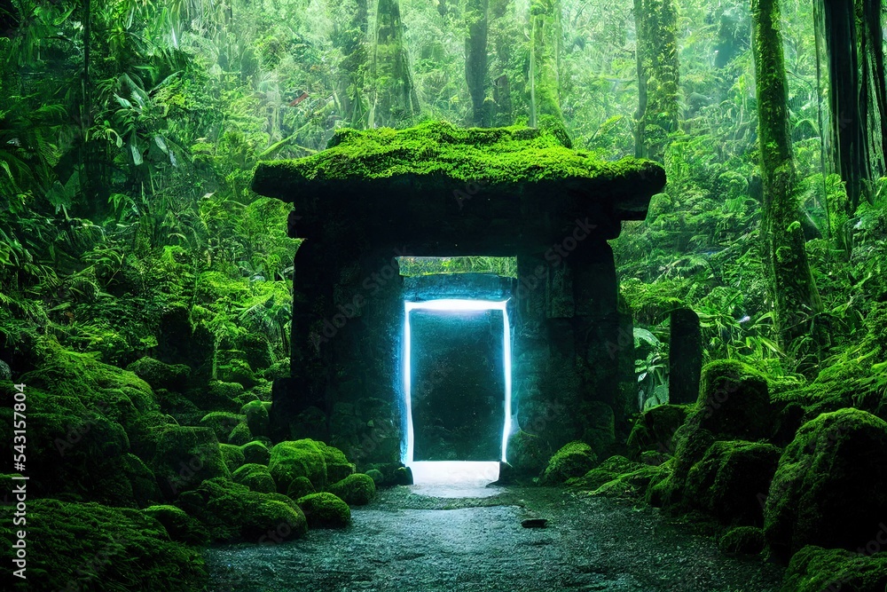 Path to alternative dimension in dense green misty enchanted forest ...