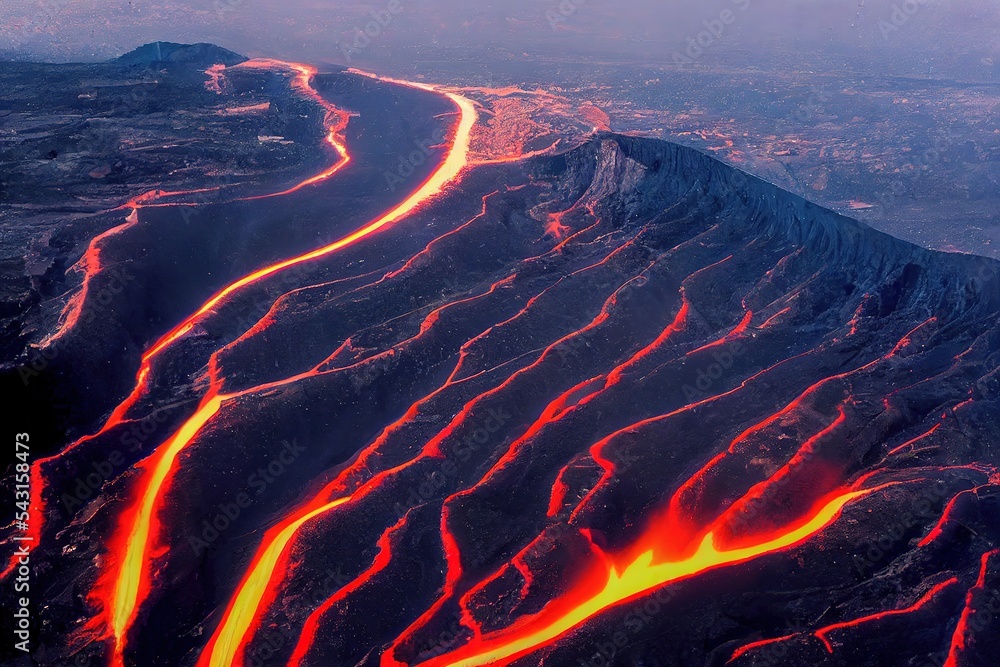 Volcanic eruption with hot lava stream flowing down from crater over ...