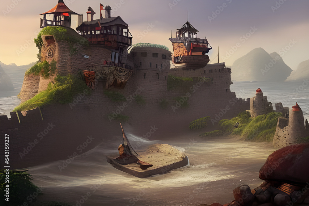 Fantasy landscape with fortress high on the cliff above the sea ...