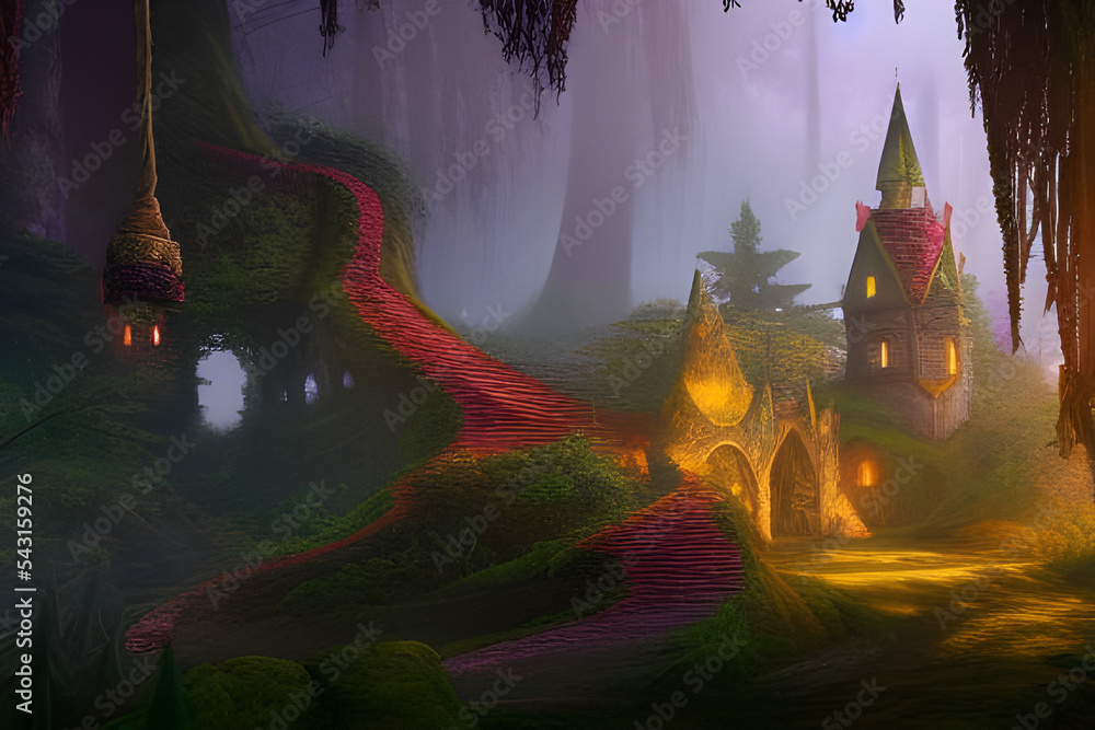 Amazing fantasy landscape with fairy castle in the middle of a magic ...