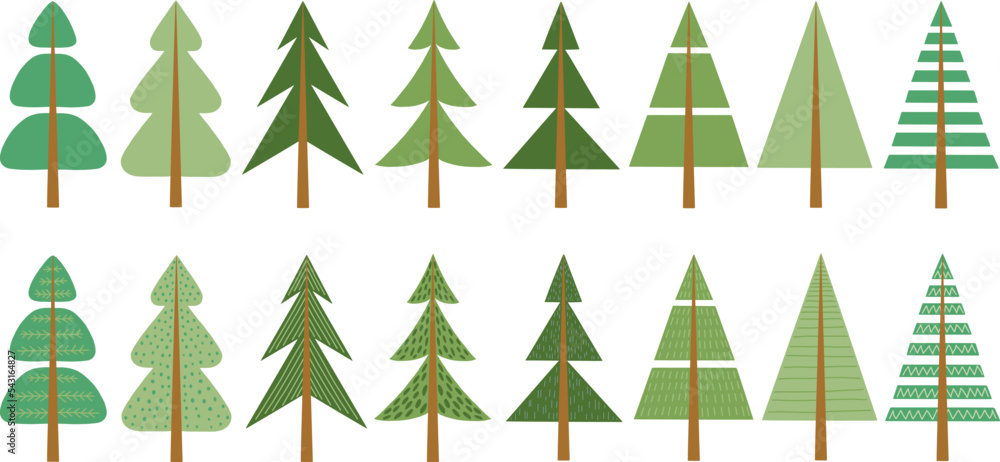 A collection of simple flat Christmas trees from different shapes. A ...