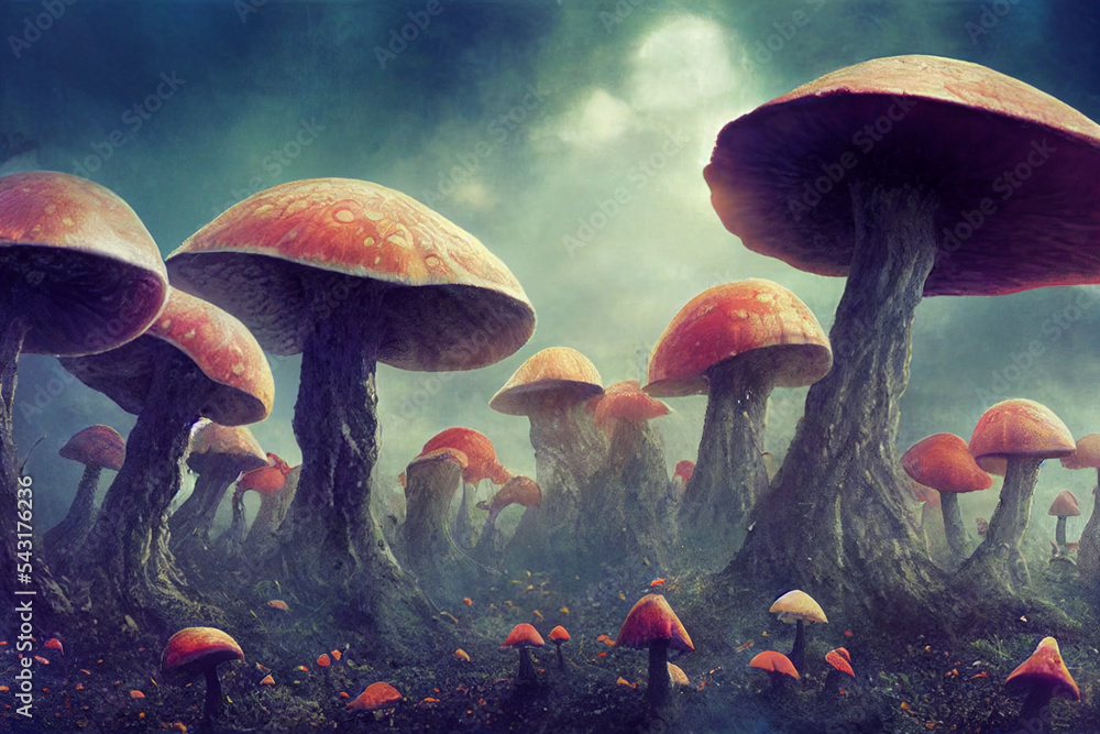 Sinister scary monster mushrooms. Group of nightmare horrid mushrooms ...