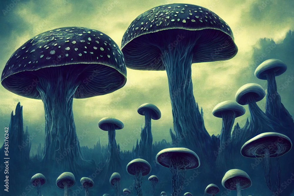 Sinister scary monster mushrooms. Group of nightmare horrid mushrooms ...