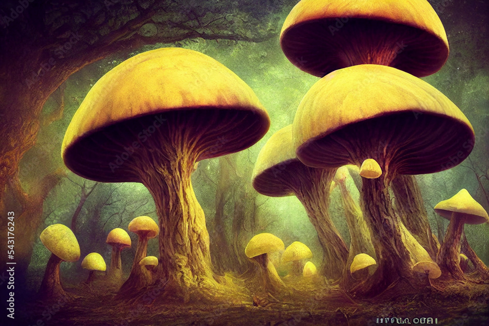 Sinister scary monster mushrooms. Group of nightmare horrid mushrooms ...