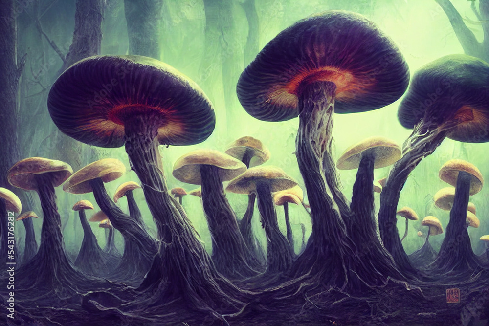 Sinister scary monster mushrooms. Group of nightmare horrid mushrooms ...