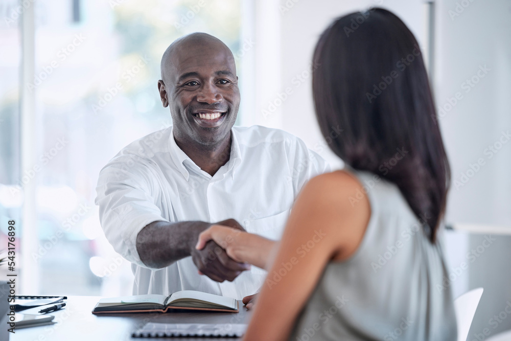 Business people, handshake and meeting for partnership, b2b or ...