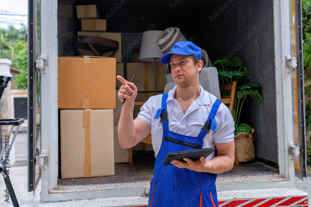 Delivery house move cargo truck service man checking box list from ...