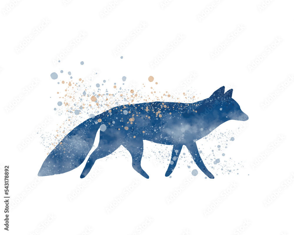 Abstract Watercolor Painting Style Vector Illustartion with Fox. Blue ...