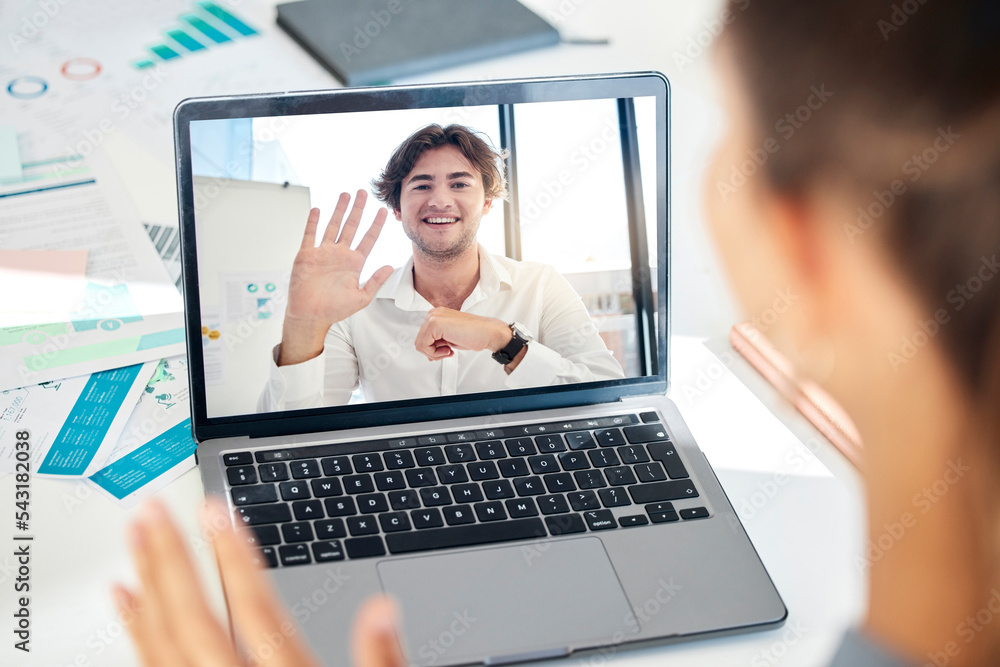 Wave, laptop and businessman video call, online meeting and ...
