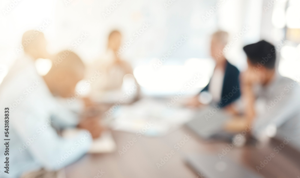 Innovation, blur and business people in a meeting planning a creative marketing strategy in a ...