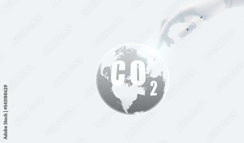CO2 capture concept. Robot hand touch carbon dioxide on globe map ...