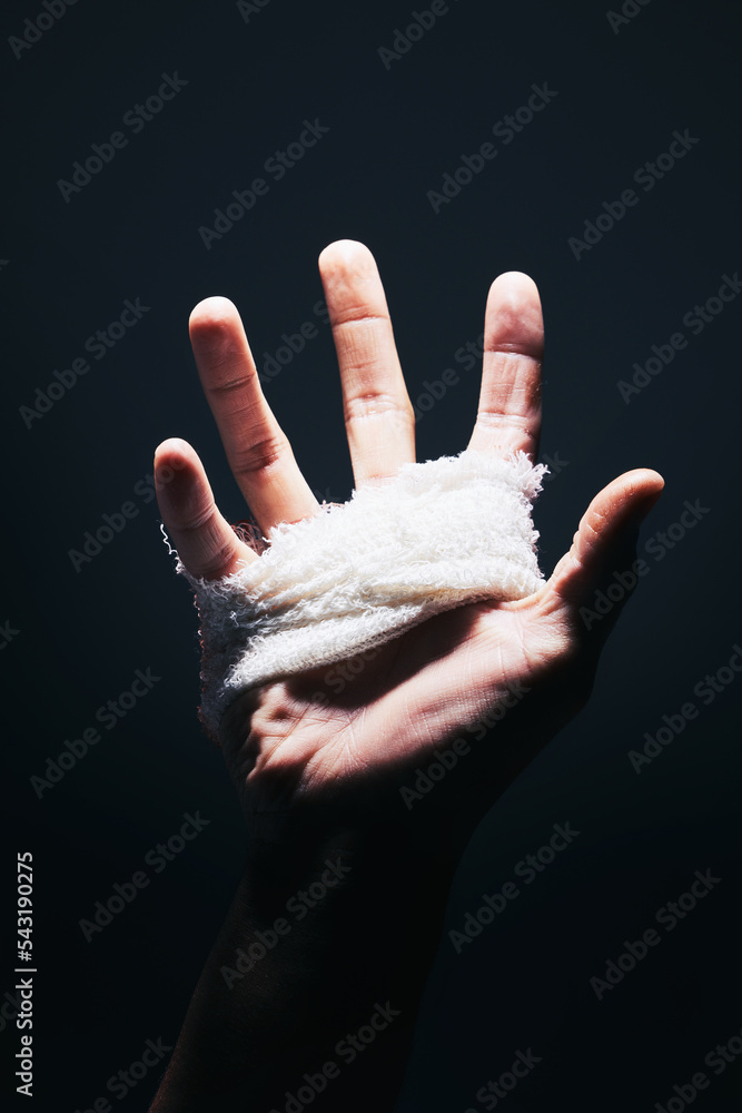 Bandage, black and hand palm of man with medical injury pain, first aid ...