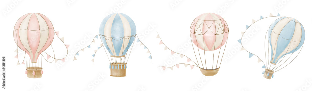 Watercolor Hot Air Balloons set. Aircraft with basket and pennants. Hand painted illustration ...