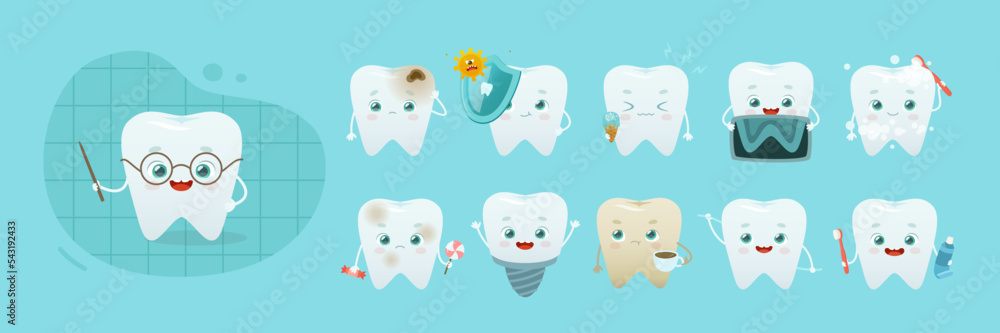 Cute tooth mascot set. Cartoon dental characters bundle for kids dental ...
