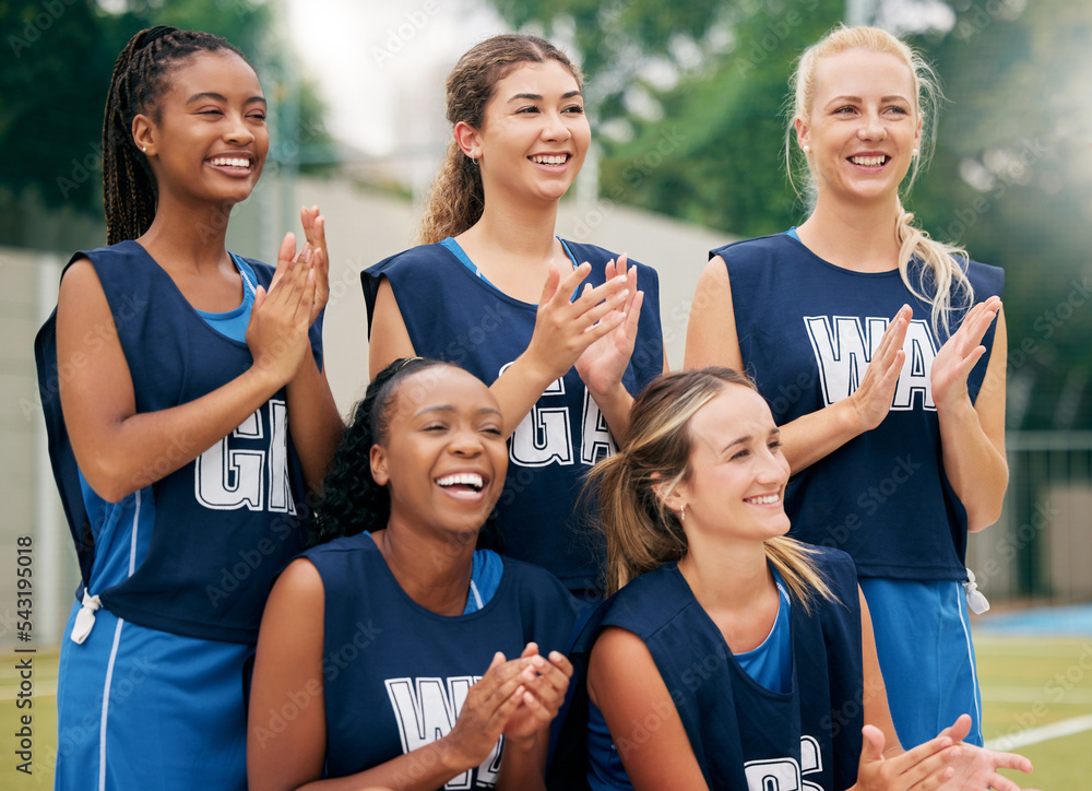 Netball, sports and women team applause, cheers and celebrate game ...