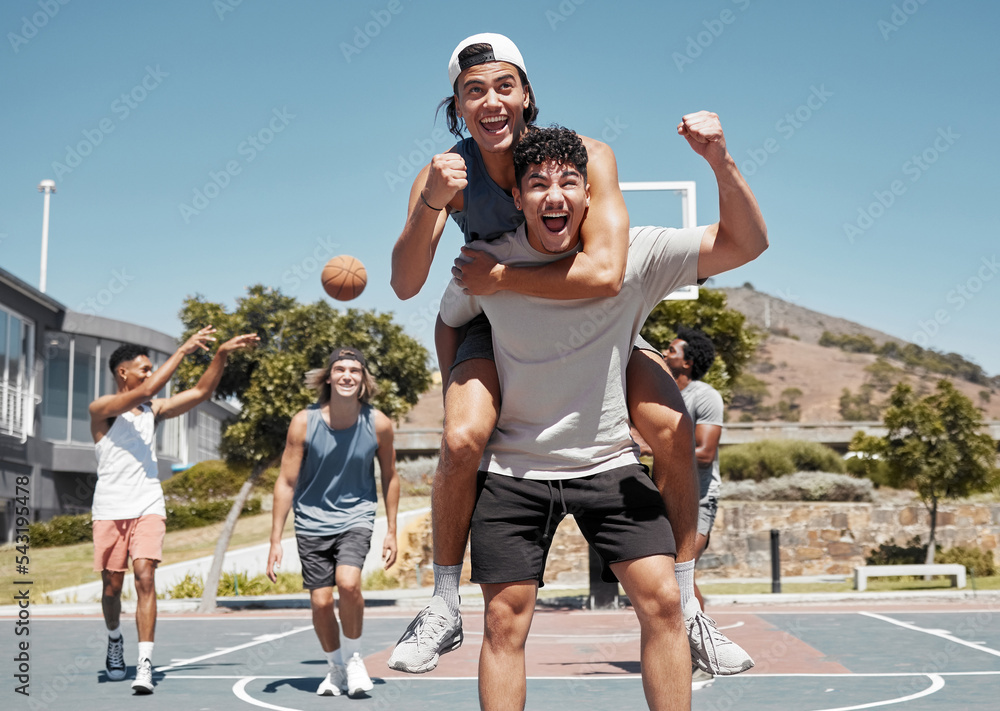 Basketball, celebrate win and sport with team, success on basketball ...