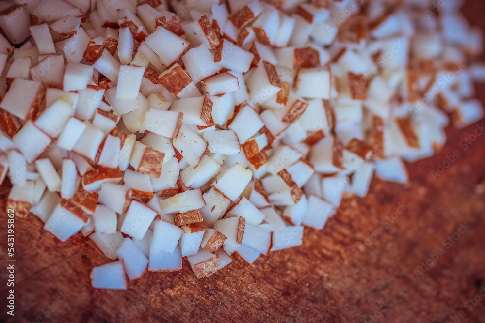 Coconut flesh pieces | edible fruit of the coconut palm (Cocos nucifera ...