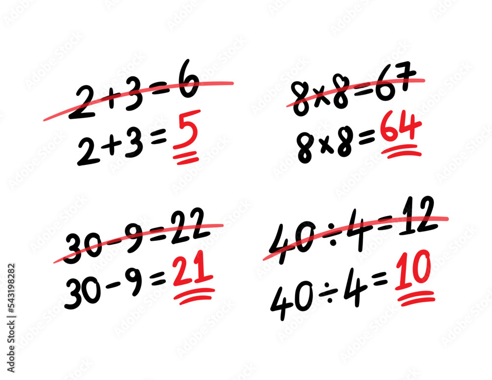 hand drawn correct and incorrect math operations exercises. scribble ...
