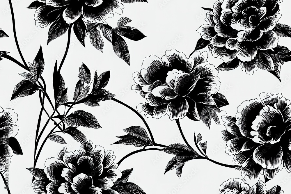 Pattern with big peony flowers in graphic in toile de jouy style black ...