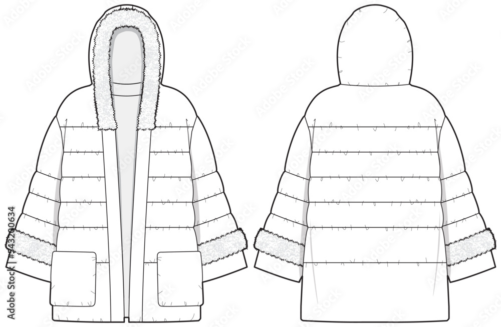 kimono style quilted padded puffer bomber jacket flat sketch vector ...