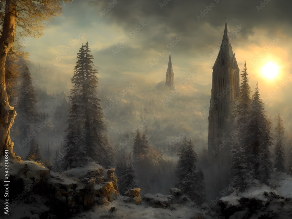 Massive gothic cathedral in a snowy valley surrounded by trees in ...