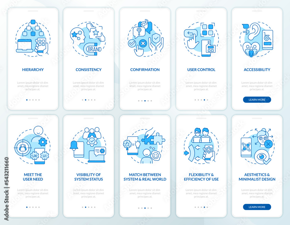 User Experience Design Rules Blue Onboarding Mobile App Screen Set Walkthrough 5 Steps Editable