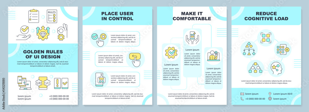 Golden rules of UI blue brochure template. User interface. Leaflet ...