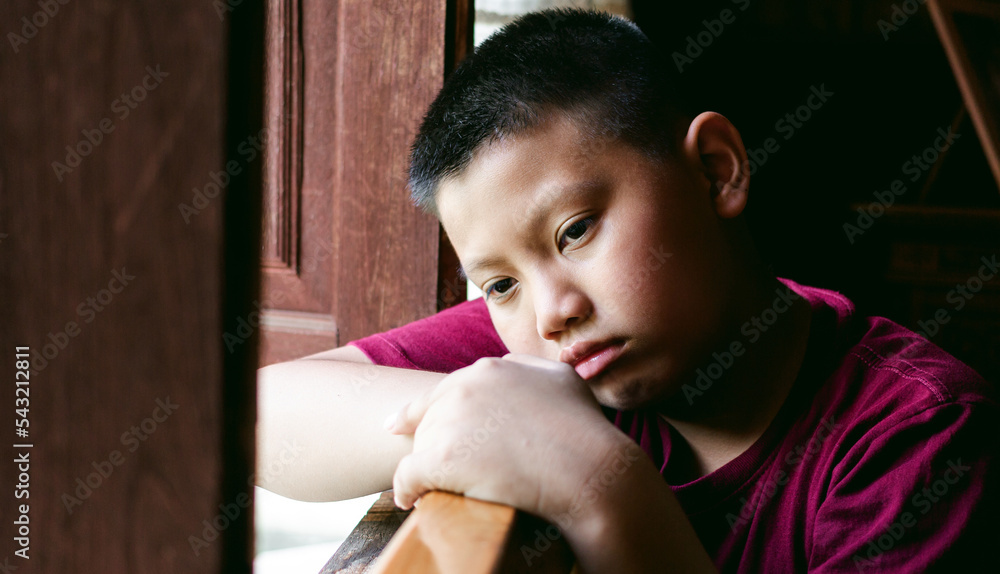 Portrait of a little Asian boy, Kid sad face, Unhappy child looking out ...