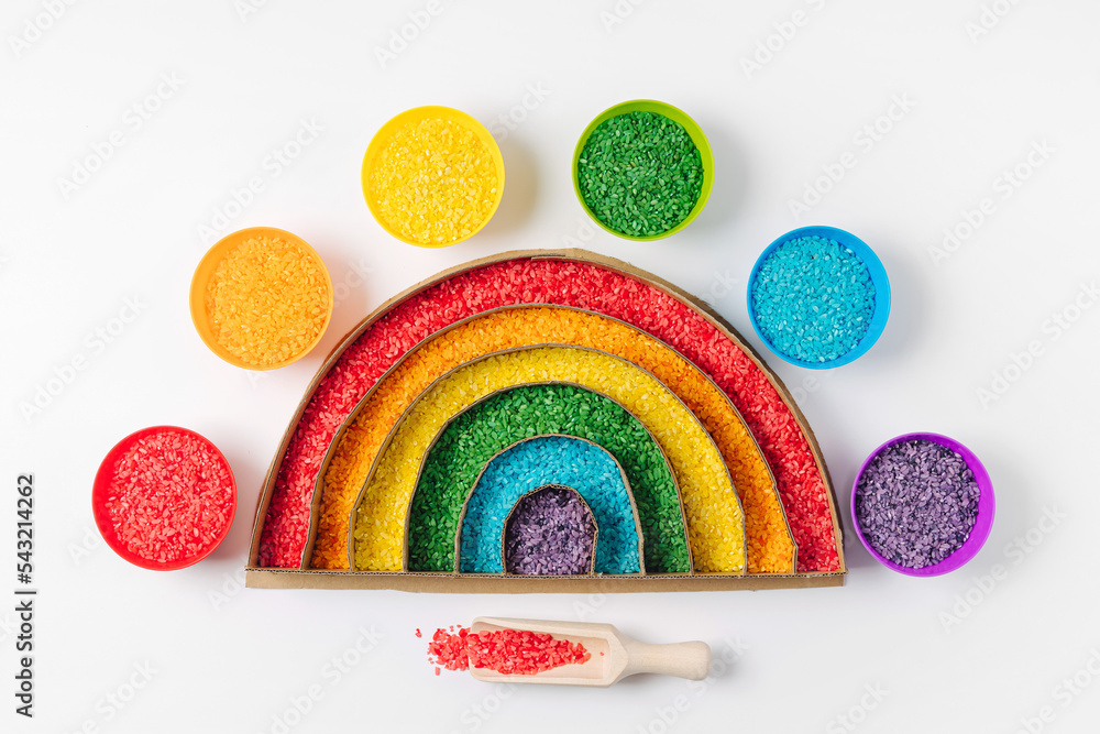 Rainbow filled with bright colored rice. Sensory bin for busy toddler ...