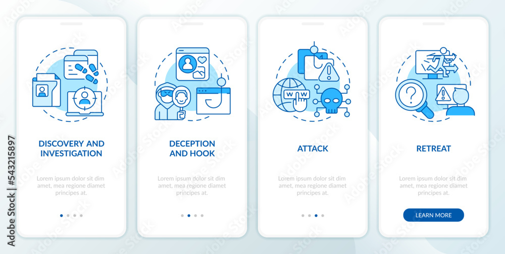 Stages of cybercrime attacks blue onboarding mobile app screen ...